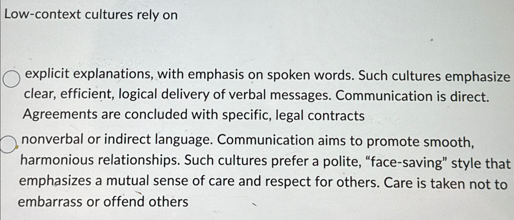 Solved Low-context cultures rely onexplicit explanations, | Chegg.com