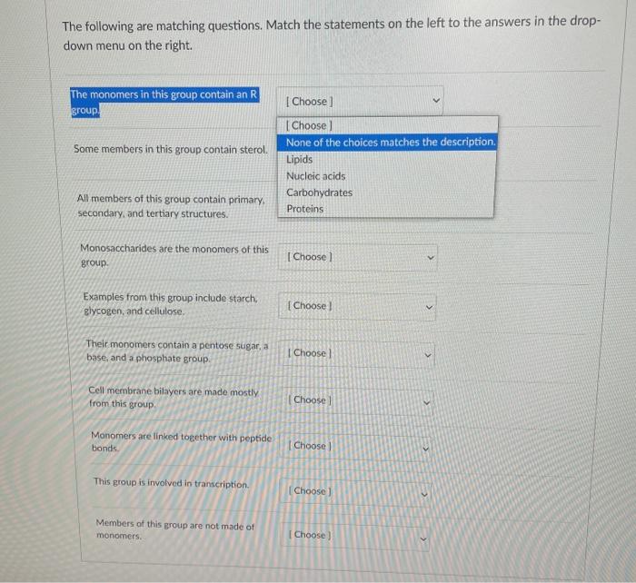 Solved The following are matching questions. Match the | Chegg.com