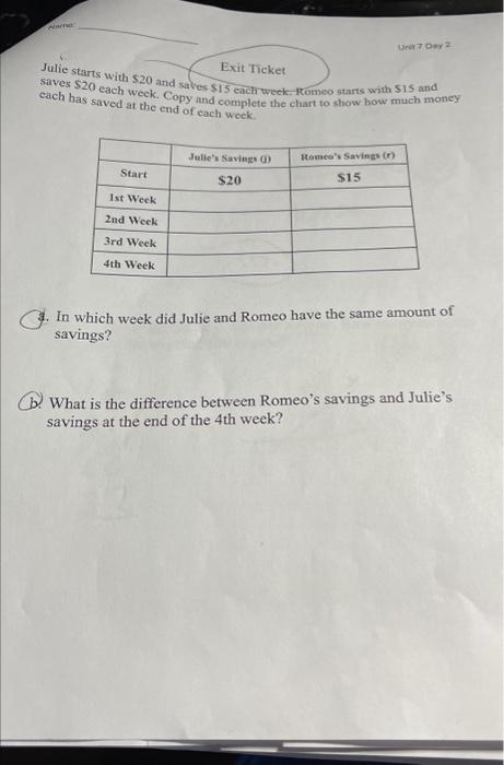 Solved Exit Ticket Julie starts with $20 and saves $15 each | Chegg.com