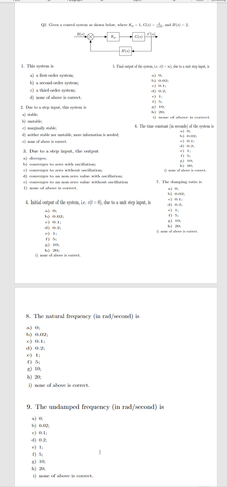 Solved Q2. ﻿Given a control system as shown below, where | Chegg.com