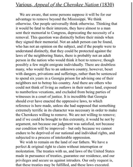 Solved Various, Appeal of the Cherokee Nation (1830). We are | Chegg.com