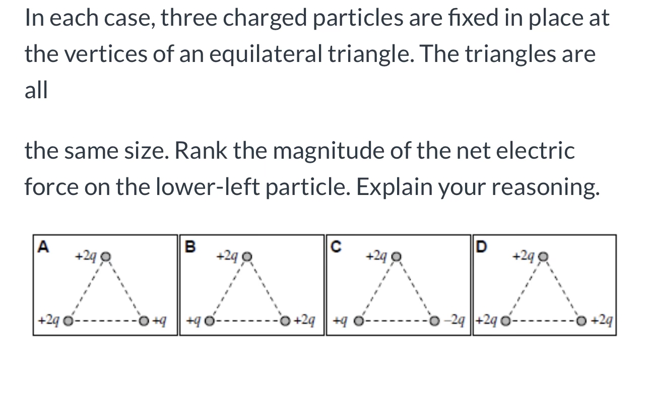 Solved In each case, three charged particles are fixed in | Chegg.com