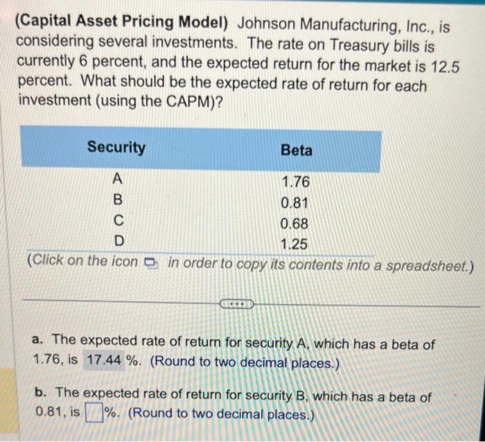 Solved (Expected rate of return using CAPM) a. Compute the | Chegg.com