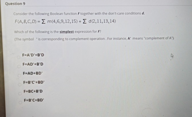 Solved Question 9 Consider the following Boolean function F | Chegg.com