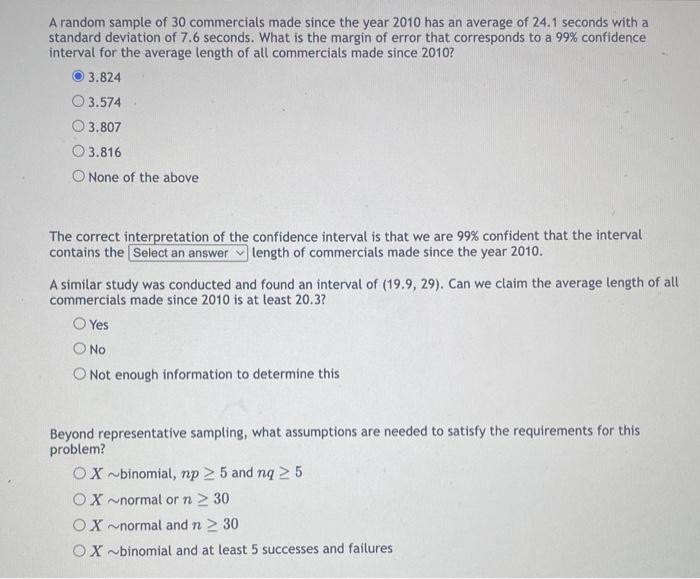 Solved A random sample of 30 commercials made since the year | Chegg.com