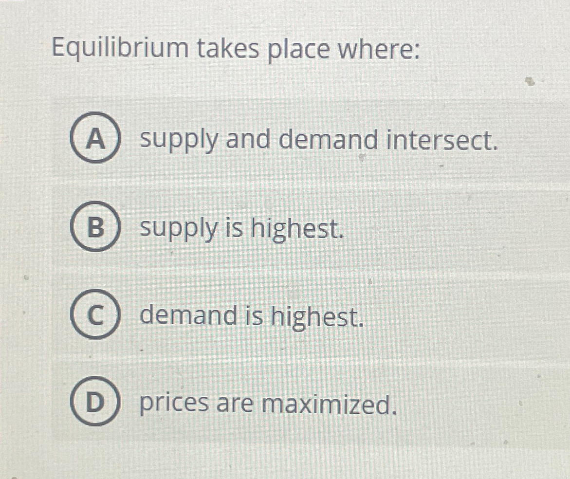 Solved Equilibrium takes place where:supply and demand | Chegg.com