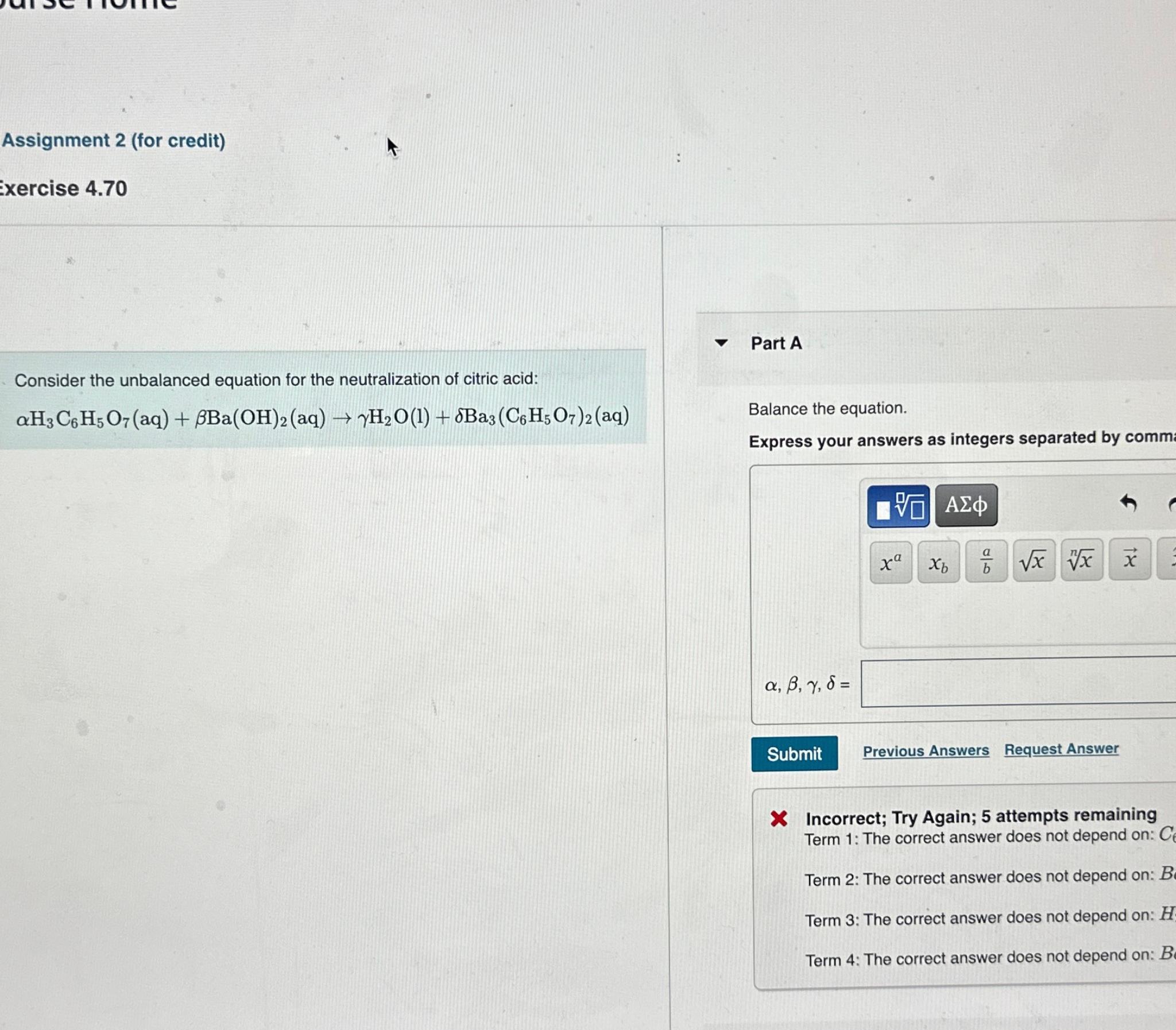 Solved Part AConsider the unbalanced equation for the | Chegg.com