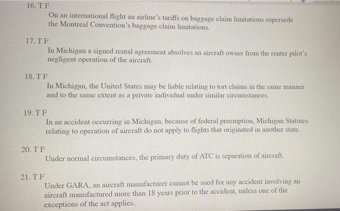 Solved 16. TF On an international flight an airline's | Chegg.com