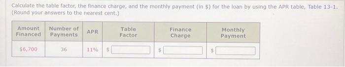 Solved Calculate the table factor, the finance charge, and | Chegg.com