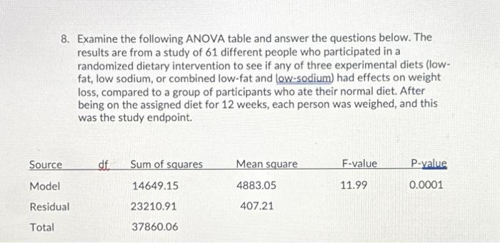Solved 8. Examine the following ANOVA table and answer the | Chegg.com