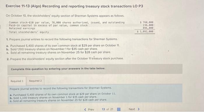 Solved Exercise 11-13 (Algo) Recording and reporting | Chegg.com