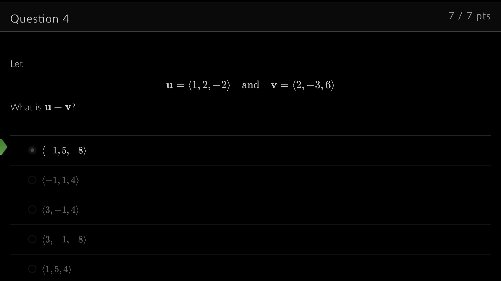 Solved Question 47 / 7 ﻿ptsLetu=(:1,2,-2:), ﻿and | Chegg.com