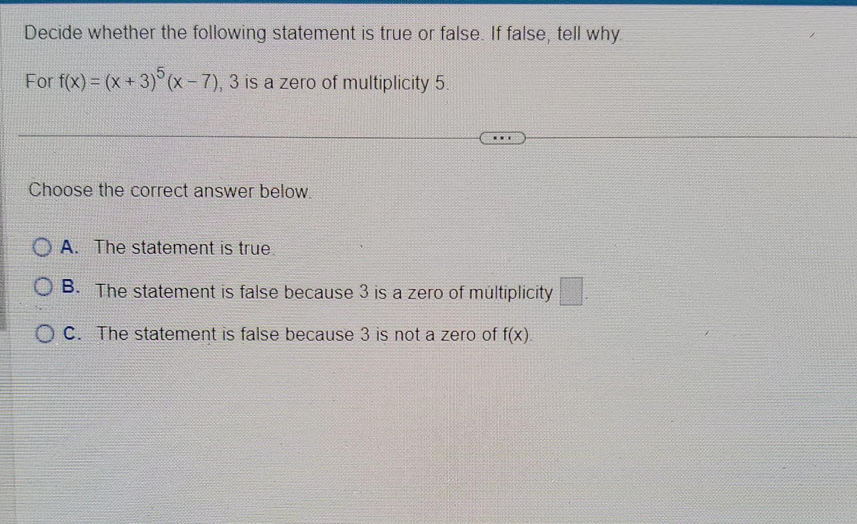 Solved Decide whether the following statement is true or | Chegg.com