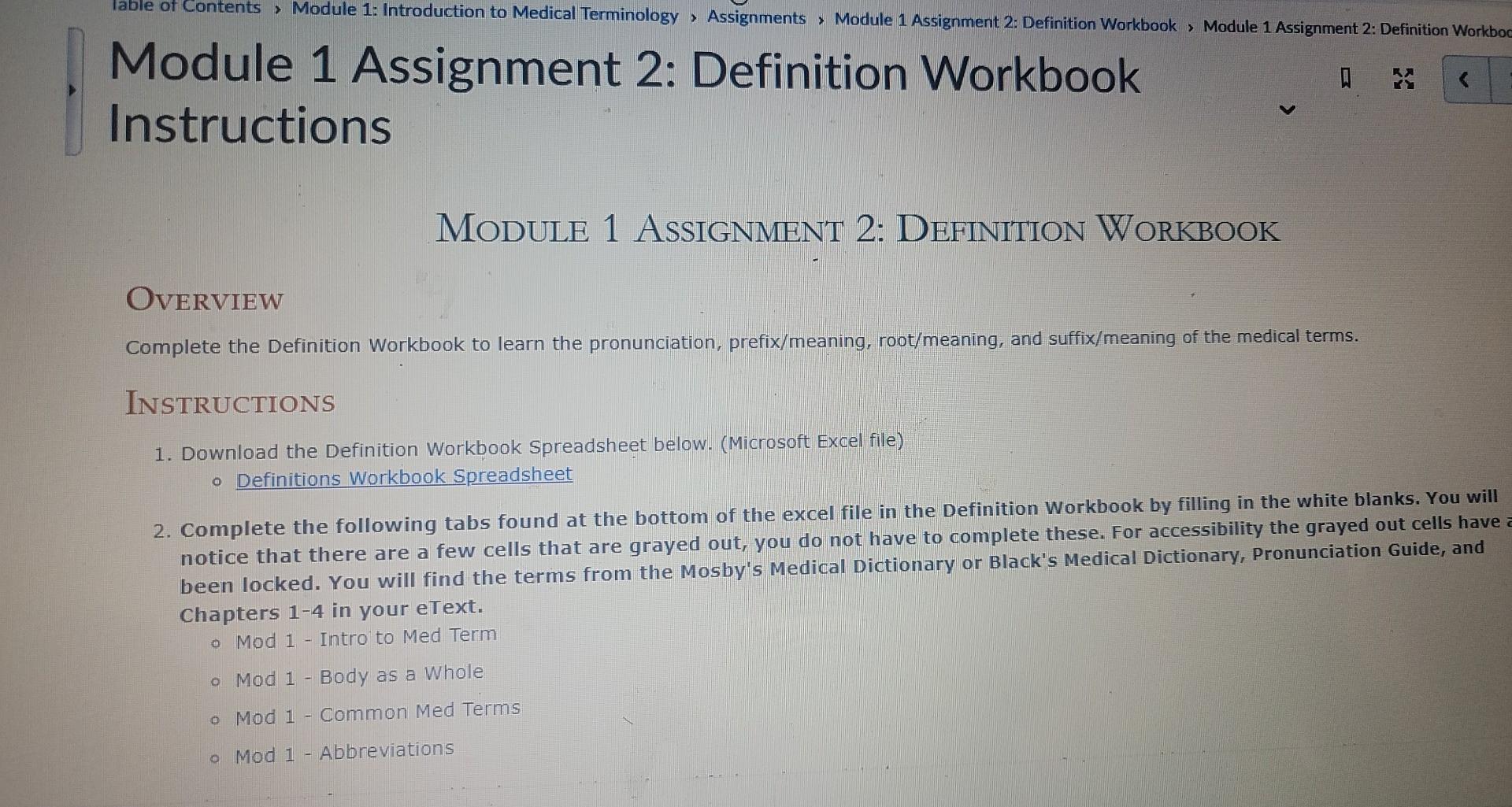 Solved lable of Contents > Module 1: Introduction to Medical | Chegg.com