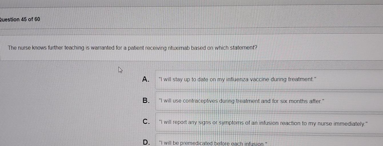 Solved Question 45 of 60The nurse knows further teaching is | Chegg.com Solved Question 45 of 60The nurse knows further teaching is | Chegg.com