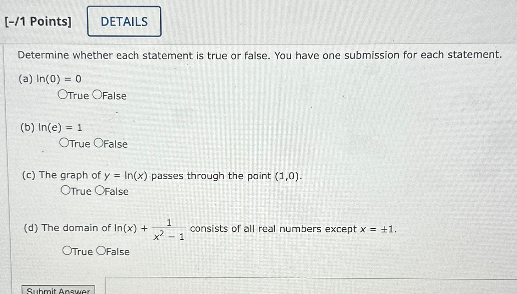 Solved [-/1 ﻿Points]Determine whether each statement is true | Chegg.com