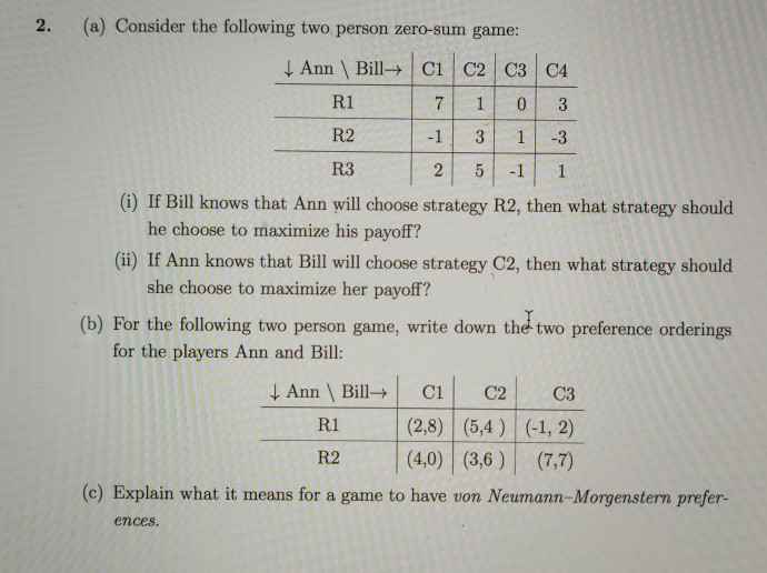 Solved 2. (a) Consider the following two person zero-sum | Chegg.com