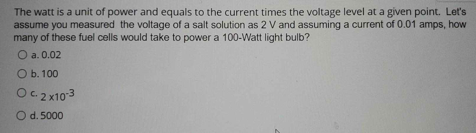 Solved The watt is a unit of power and equals to the current | Chegg.com