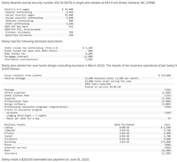 Solved Shelly Beaman (social security number 412-34-5670) Is | Chegg.com