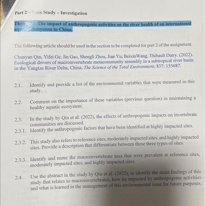 Part 2 - Study - Investigation Thery The impact of | Chegg.com