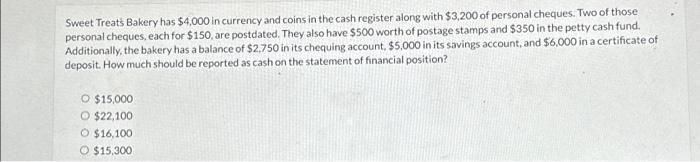 Solved Sweet Treats Bakery has $4,000 in currency and coins | Chegg.com