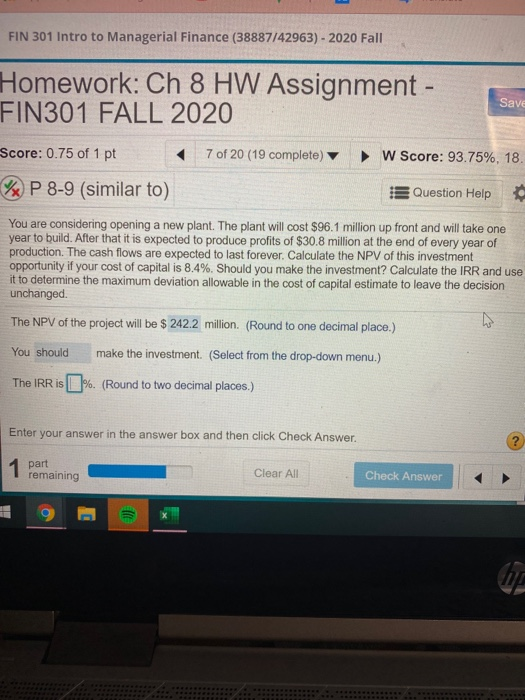 Solved FIN 301 Intro to Managerial Finance (38887/42963) - | Chegg.com