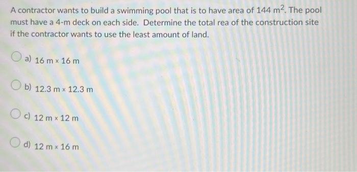 Solved A contractor wants to build a swimming pool that is | Chegg.com