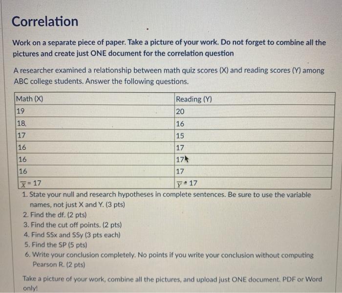 Solved Correlation Work on a separate piece of paper. Take a | Chegg.com
