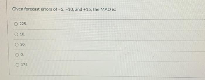 Solved Given forecast errors of −5,−10, and +15, the MAD is: | Chegg.com