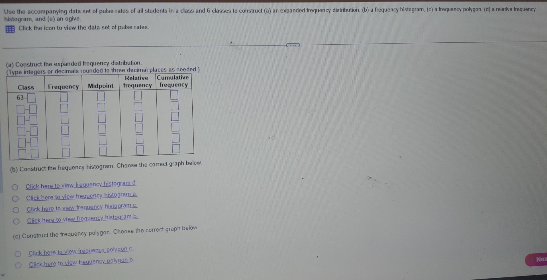 histogram, and (e) an ogive. Click the icon to view | Chegg.com