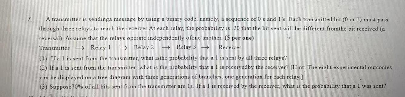 Solved 7 A Transmitter Is Sendinga Message By Using A Binary 9584