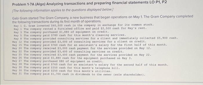 Solved Problem 1.7A (Algo) Analyzing transactions and | Chegg.com
