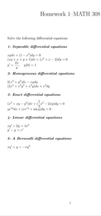 Solved Homework 1-MATH 308 Solve the following differential | Chegg.com