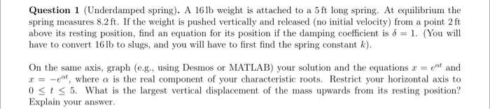 Solved Question 1 (Underdamped spring). A 16lb weight is | Chegg.com
