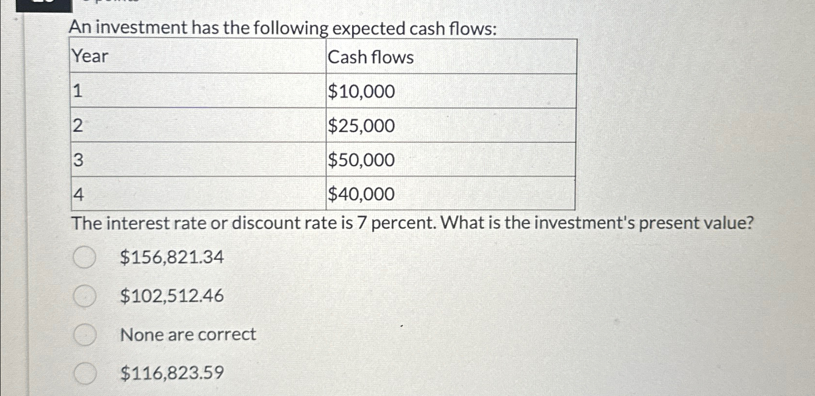 Solved An investment has the following expected cash | Chegg.com