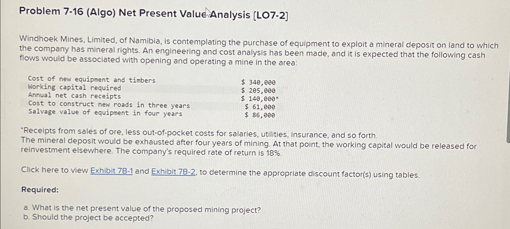 Solved Problem 7-16 (Algo) ﻿Net Present ValueAnalysis | Chegg.com