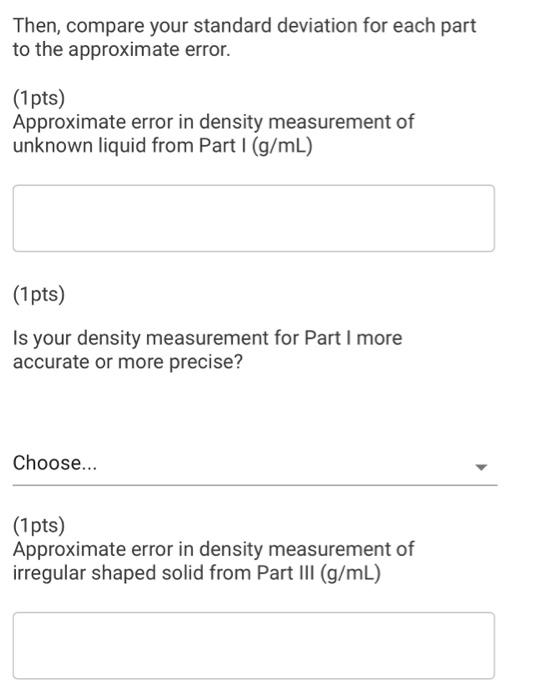 Solved (2pts) Average density (g/mL) (2pts) Standard | Chegg.com
