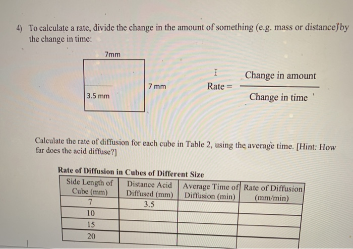 DIFFUSION POST-LAB Observation: Table 1: Calculating | Chegg.com