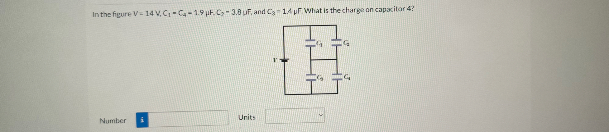 Solved In the figure V=14V,C1=C4=1.9μF,C2=3.8μF, ﻿and | Chegg.com