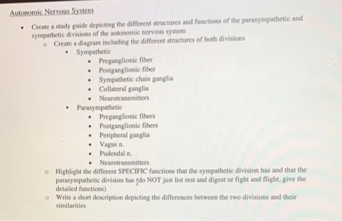 Autonomic Nervous System Create a study guide | Chegg.com