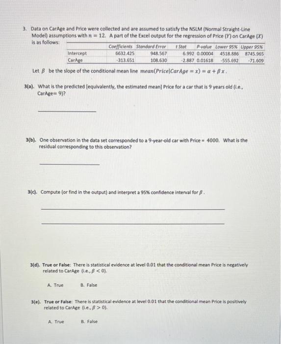 Solved 3. Data on CarAge and Price were collected and are | Chegg.com