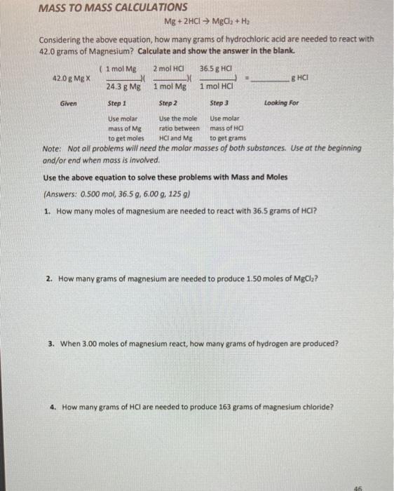 Solved MASS TO MASS CALCULATIONS Mg + 2HCl → MgCl2 + H2 | Chegg.com