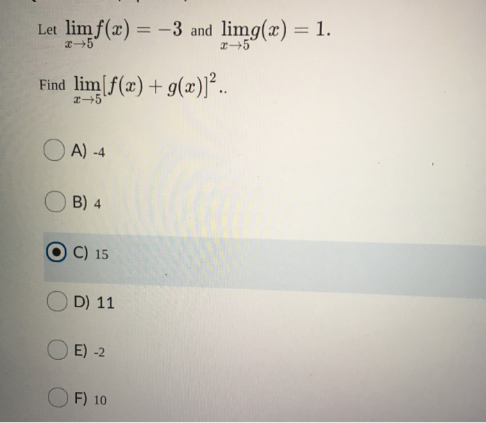 Solved 2- 5 Let limf(x) = -3 and limg(x) = 1. Find lim[f(x) | Chegg.com