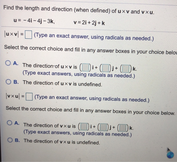 Solved Find the length and direction (when defined) of uxv | Chegg.com