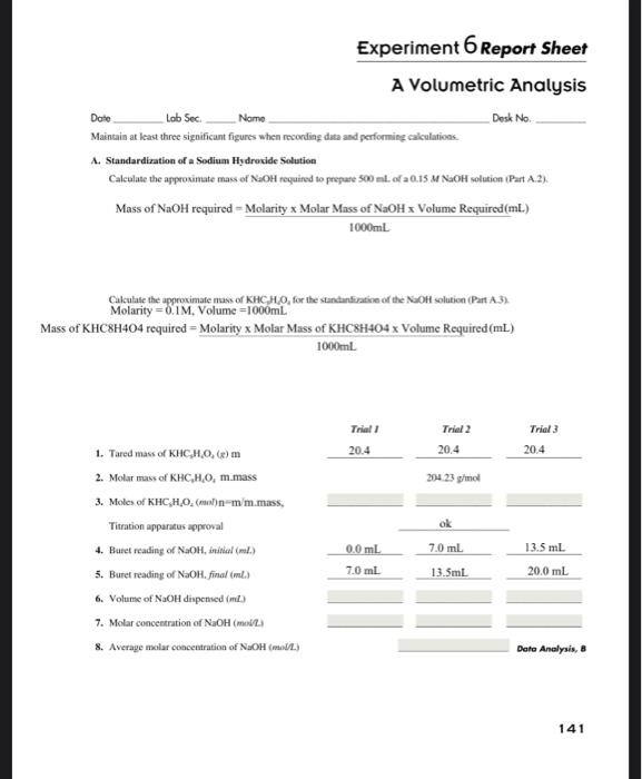 Solved Experiment Report Sheet A Volumetric Analysis Date | Chegg.com