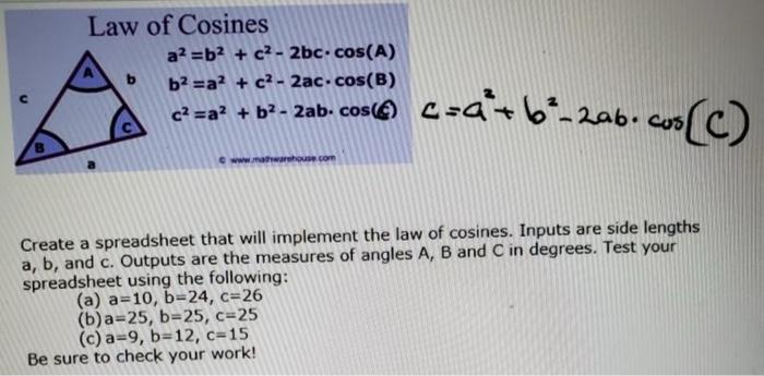 Solved Law of Cosines b a²=b² + c²-2bc.cos(A) b²=a² + c²- | Chegg.com