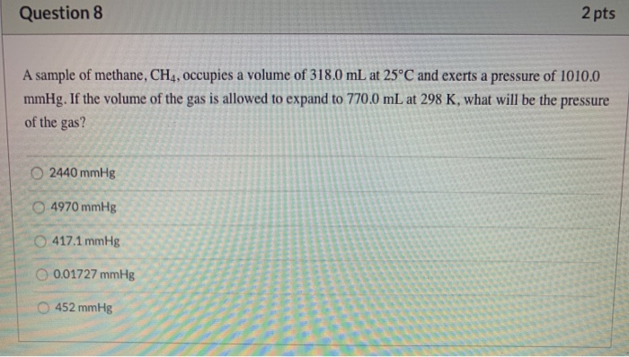 Solved Question 8 2 pts A sample of methane, CH4, occupies a | Chegg.com