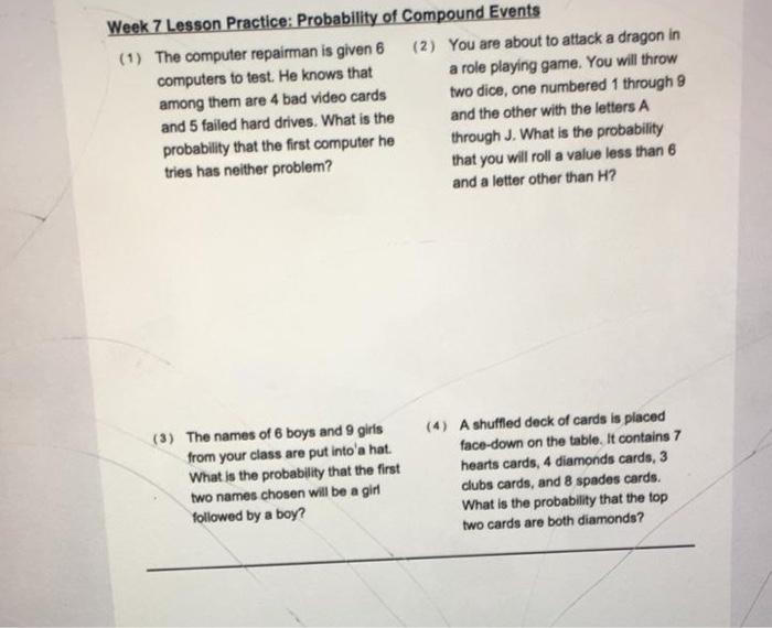 Solved Week 7 Lesson Practice: Probability of Compound | Chegg.com