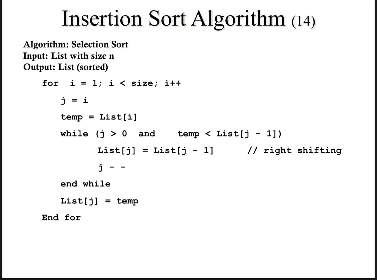 Convert this insertion sort algorithm to java code | Chegg.com