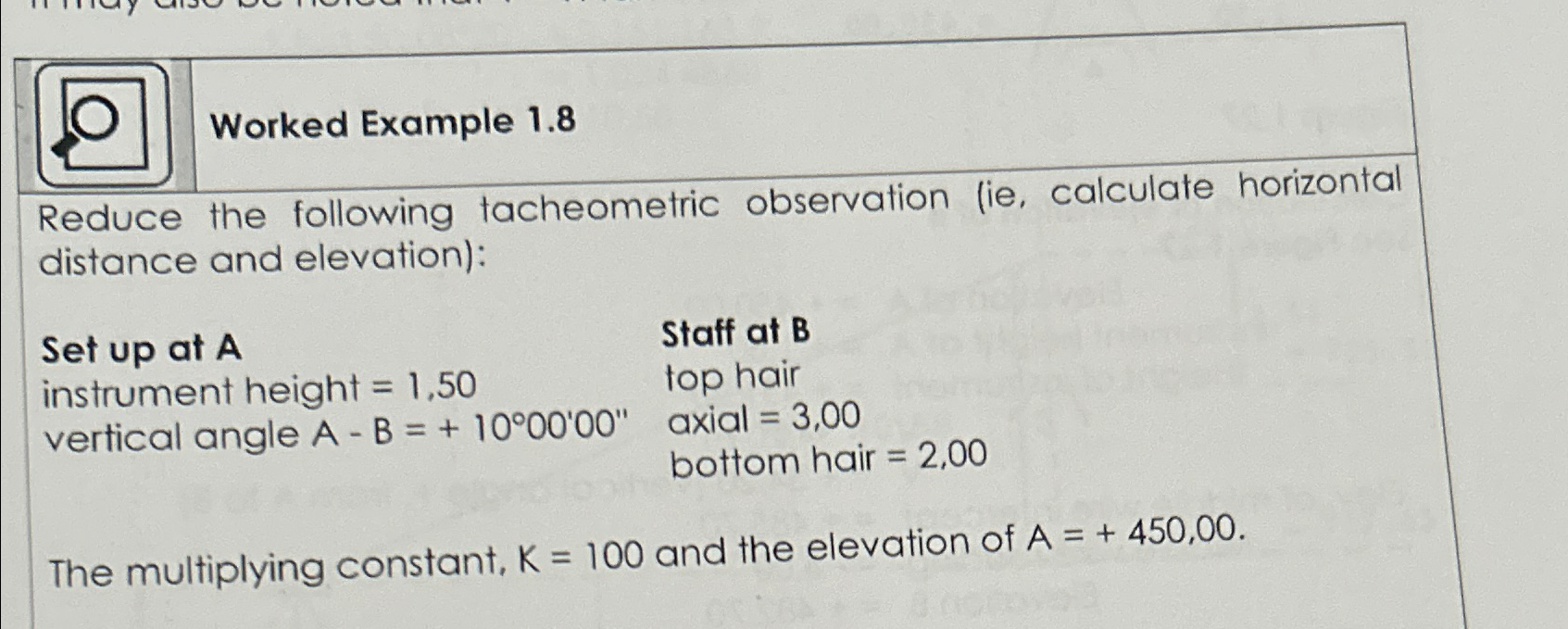 Solved Worked Example 1.8Reduce the following tacheometric | Chegg.com